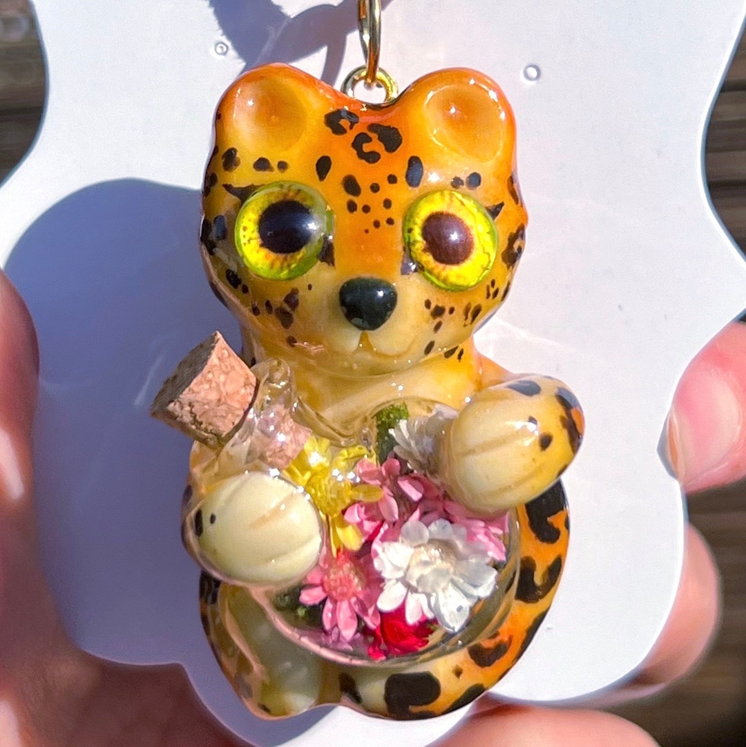 Hand Sculpted Leopard Necklace: Flower Spell Bottle Pendant, 24" Cord ...
