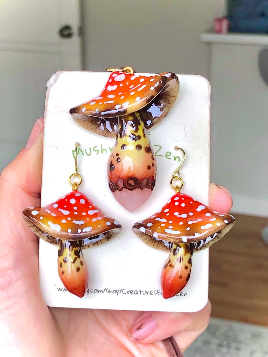 Drippy Amanita Complete Set Matching Pendant and Earrings Glow in Dark ...