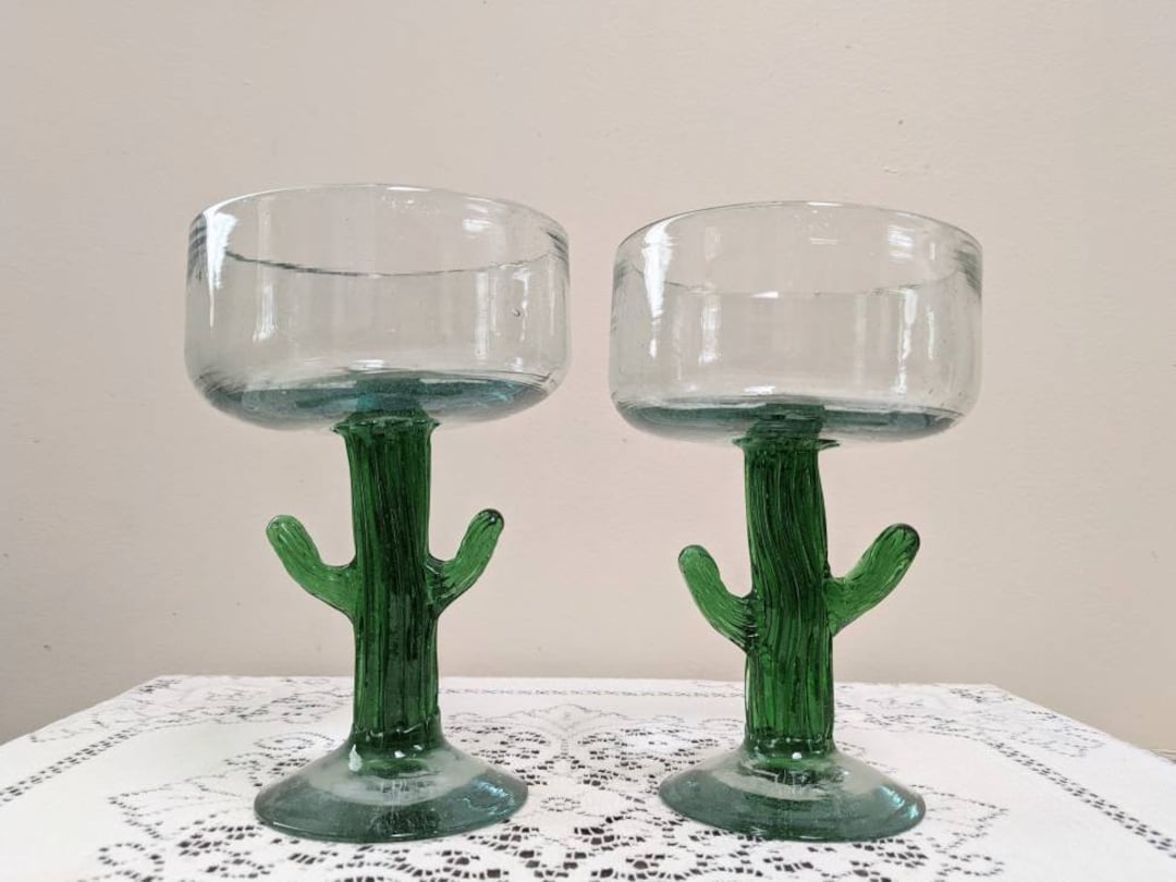 Hand Blown Cactus Margarita Classes Pontomarch Mexico Mexican Glassware ...