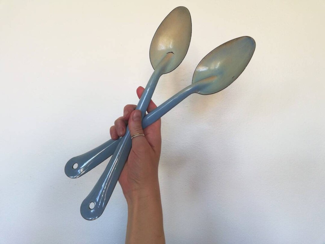 Vintage Enamel Serving Spoons Light Blue Matching Pair Mid - Etsy