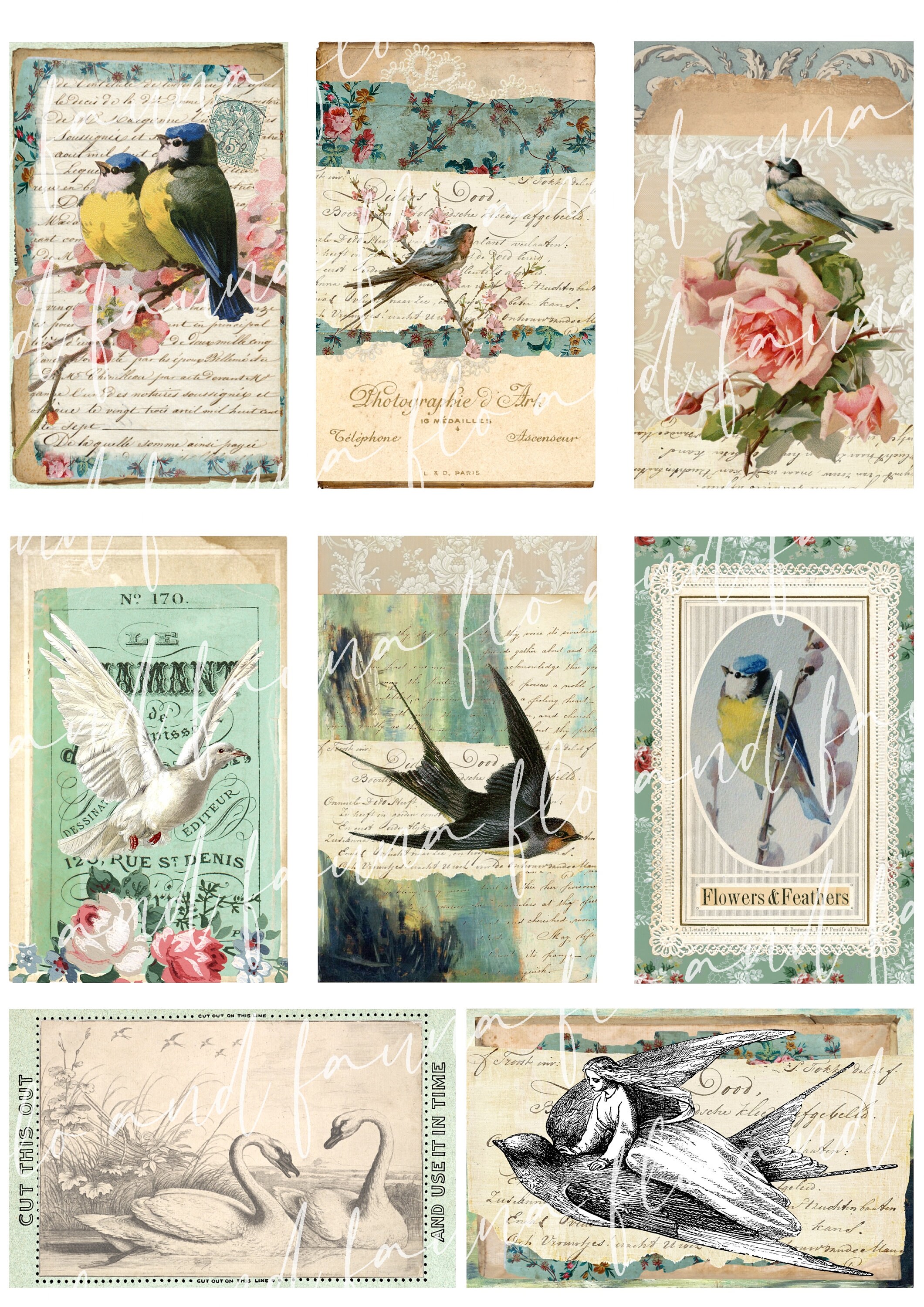 Pretty Birds...vintage Digital Junk Journal Kit, Printable Papers/tags ...