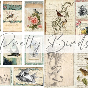 Pretty Birds...vintage Digital Junk Journal Kit, Printable Papers/tags ...