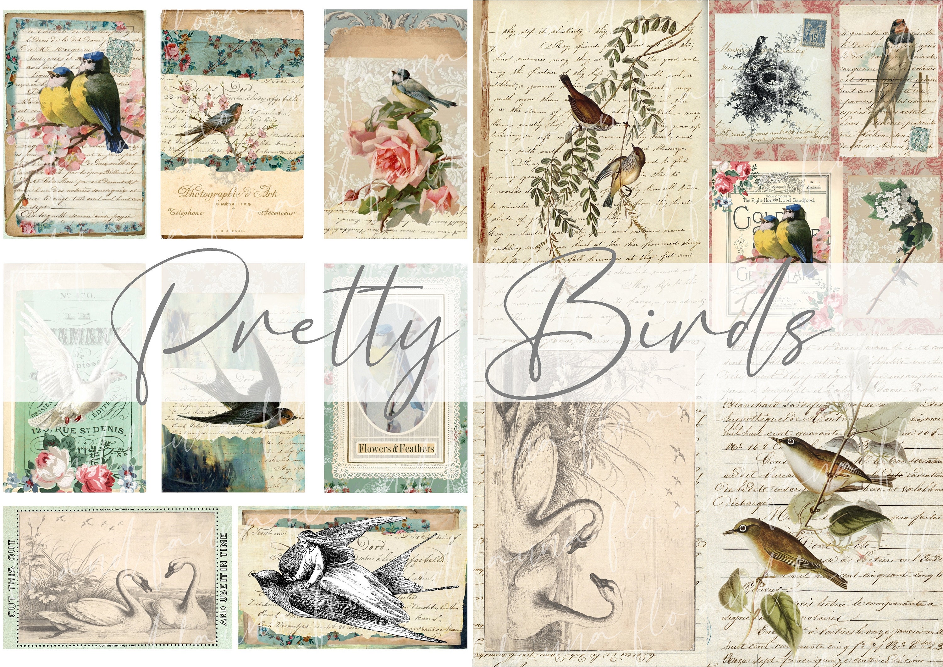Pretty Birds...vintage Digital Junk Journal Kit, Printable Papers/tags ...
