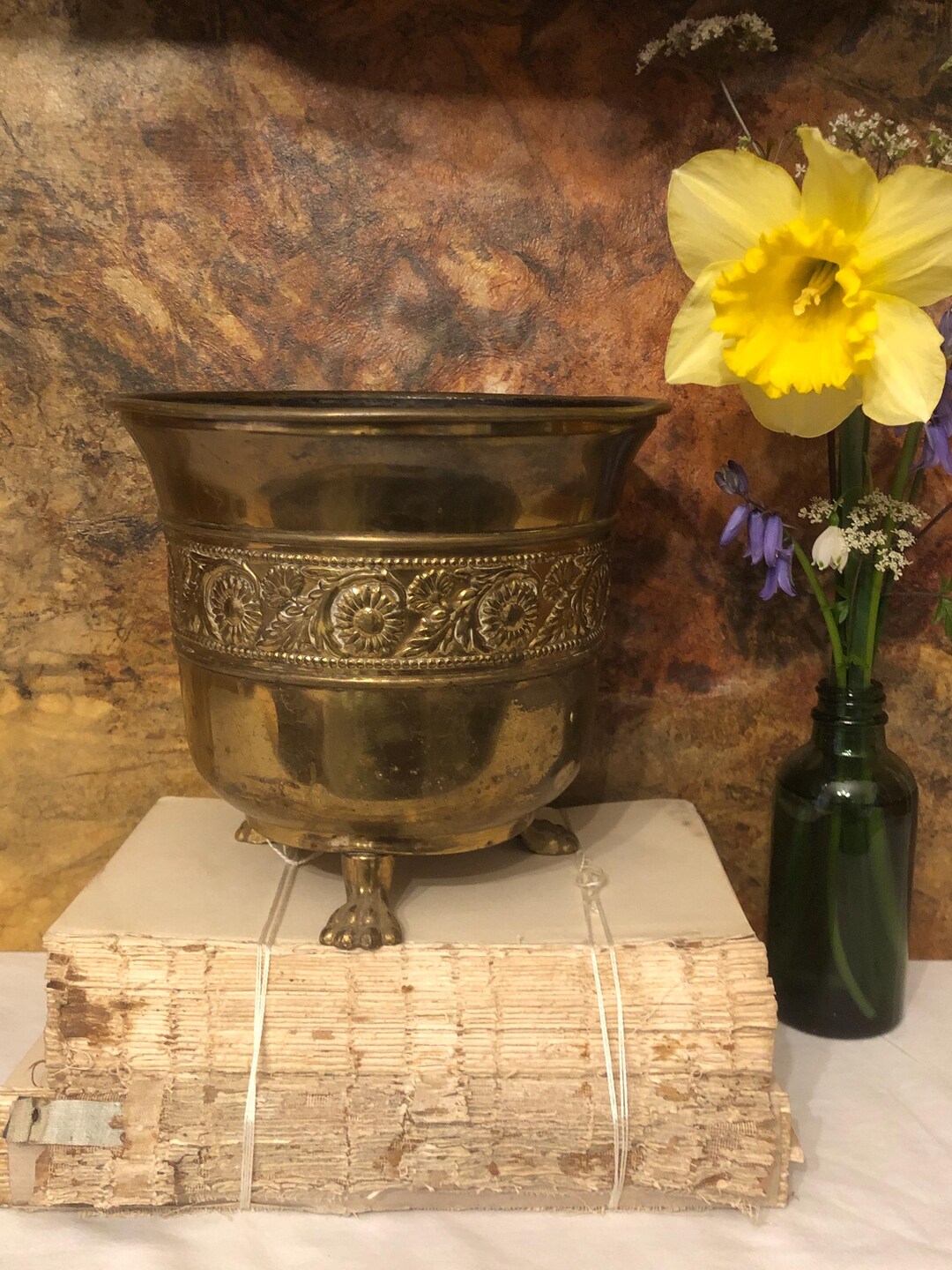 Antique Brass Claw Feet Planter, Embossed Floral Border, Arts and ...