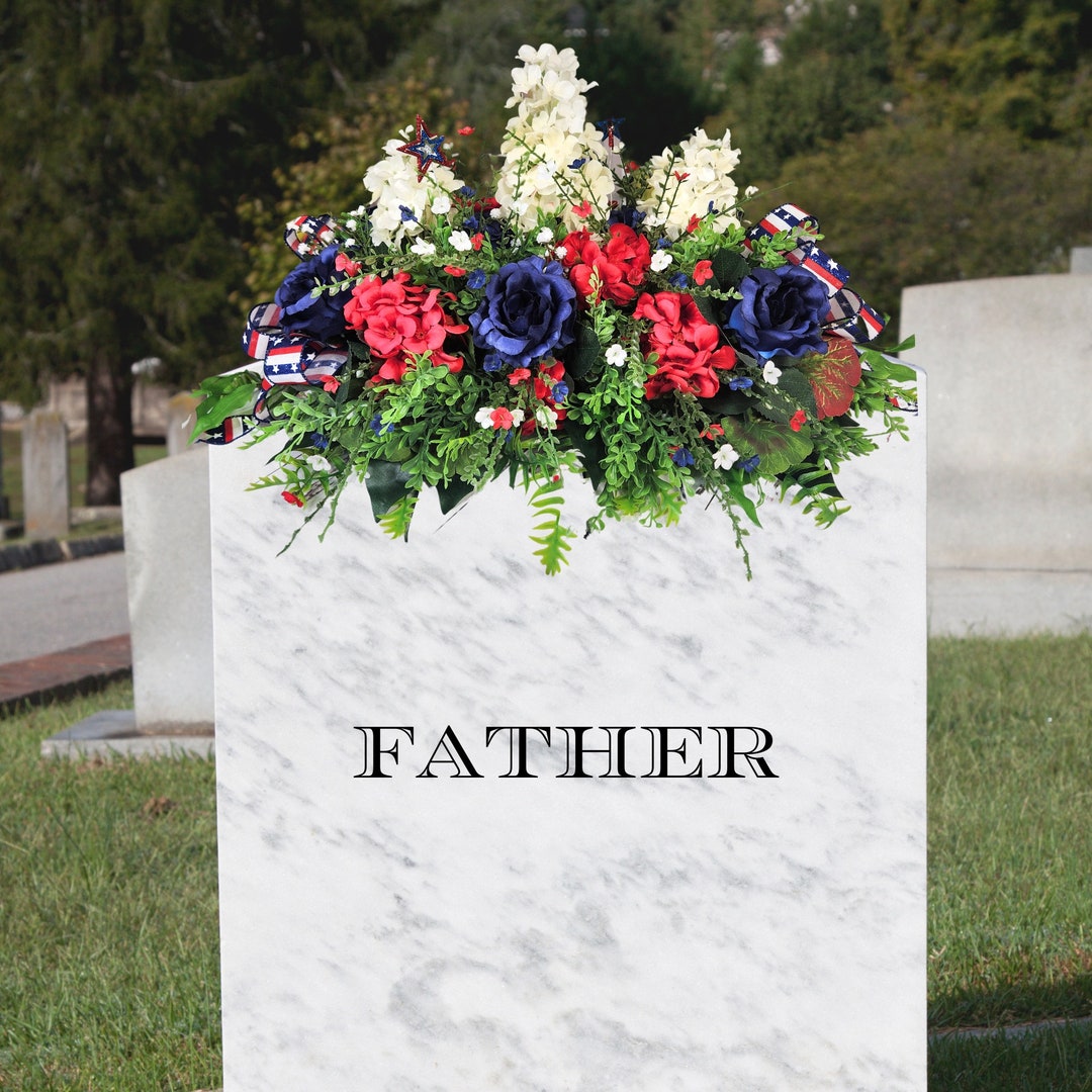 Patriotic Floral Grave Saddle, Red White and Blue Cemetery Flowers ...