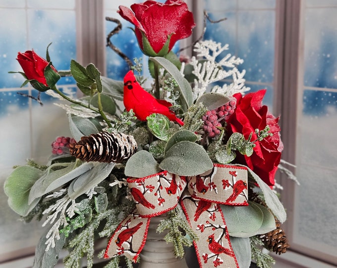 Cardinal Candlestick Arrangement, Winter Rose Farmhouse Decor, Holiday ...