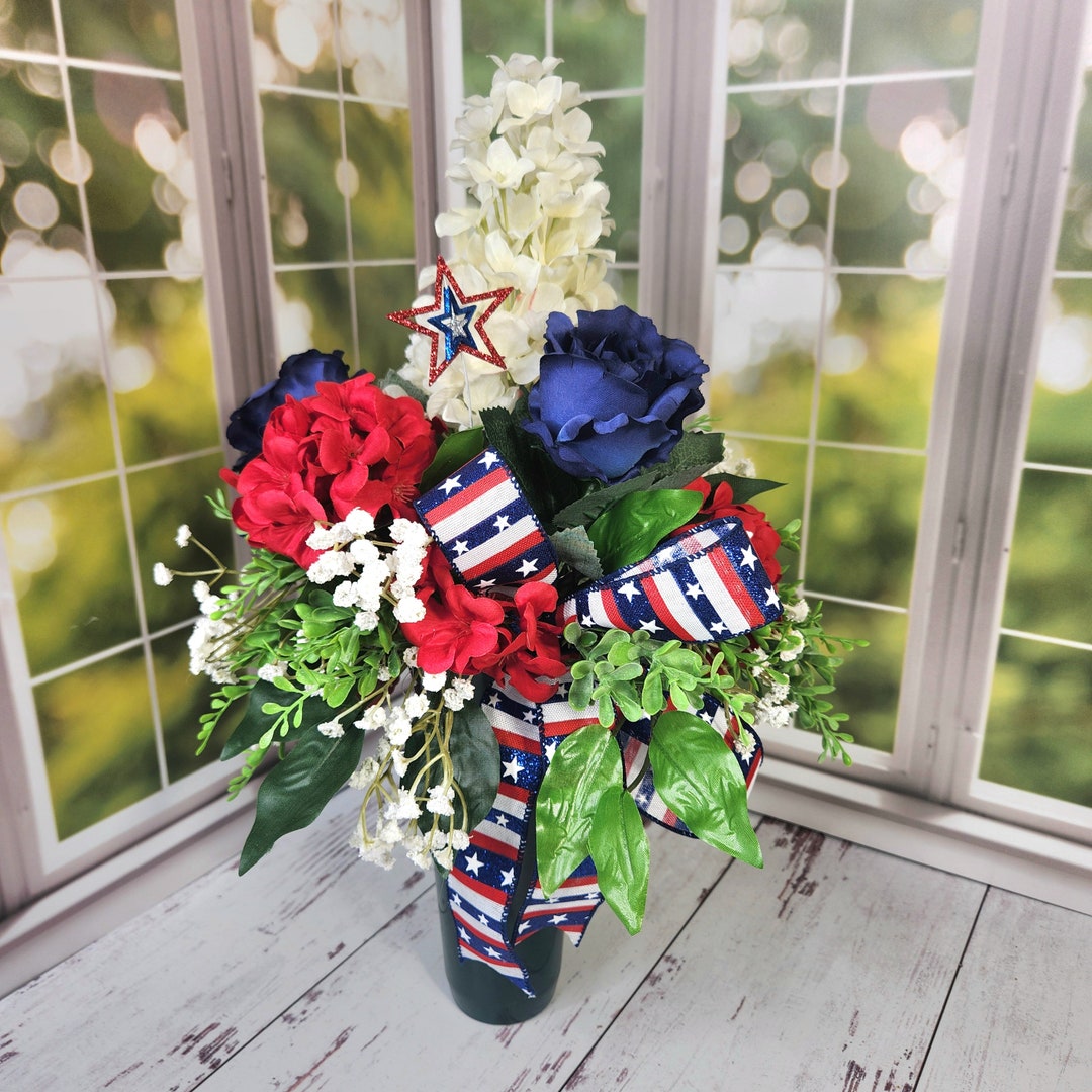 Patriotic Floral Cemetery Cup, Memorial Flowers, Gravesite Floral Vase ...