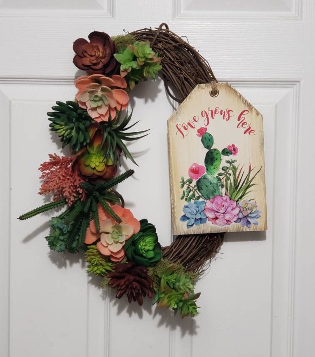 Faux Succulent Wreath: Spring Door Decor With 'love Grows Here' Sign - Etsy