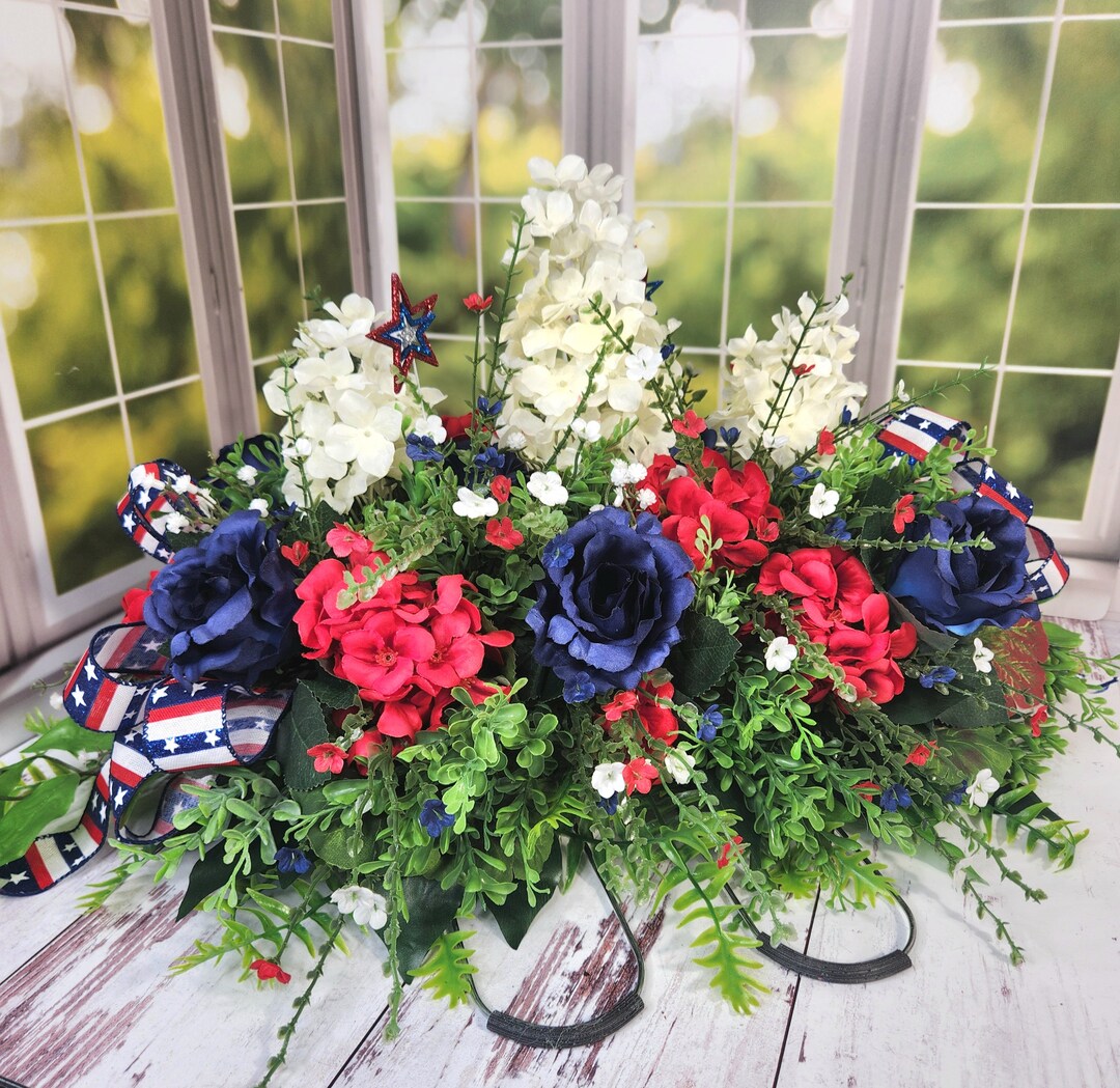 Patriotic Floral Grave Saddle, Red White and Blue Cemetery Flowers ...