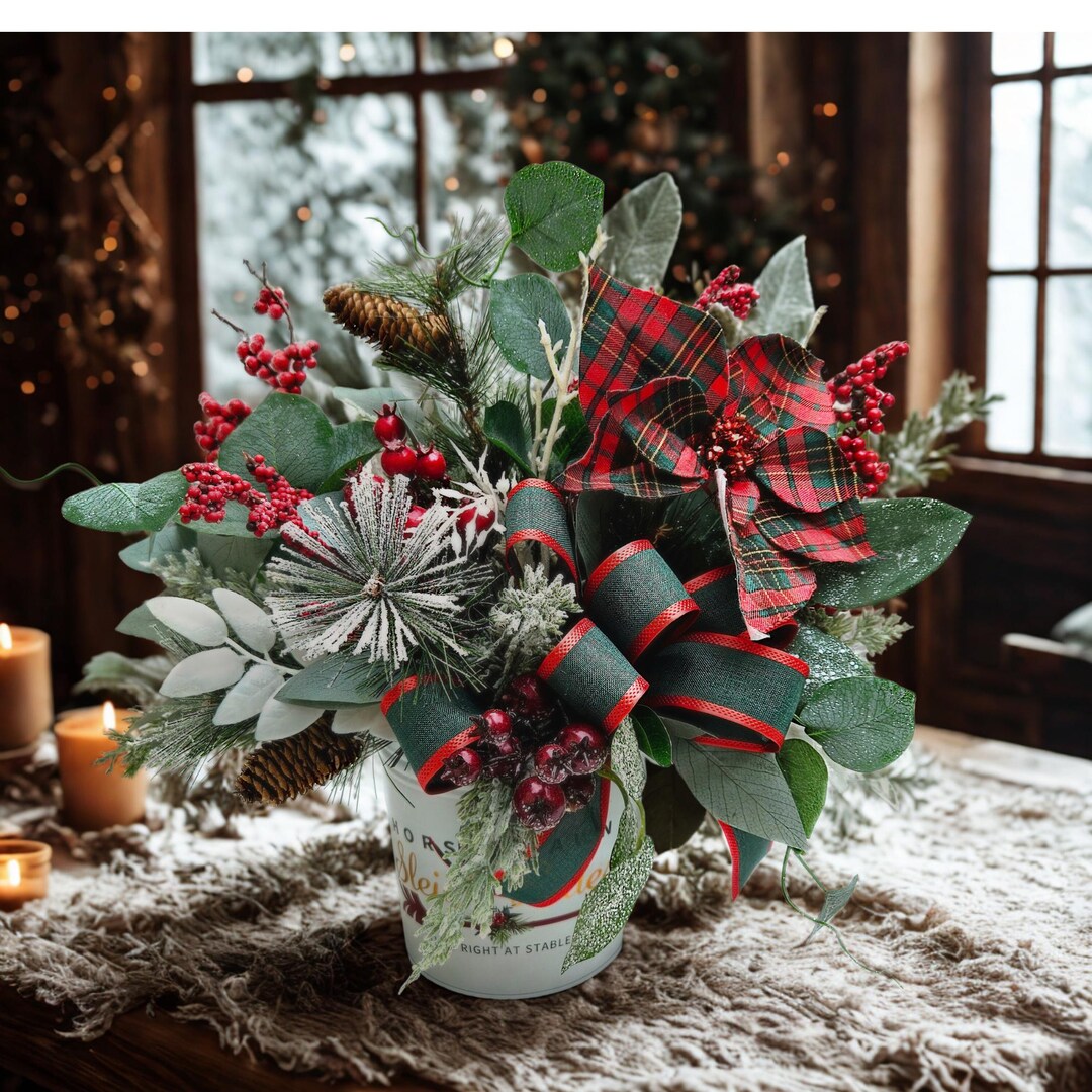 Plaid Christmas Floral Arrangement in Tin Bucket With Red Berries and ...