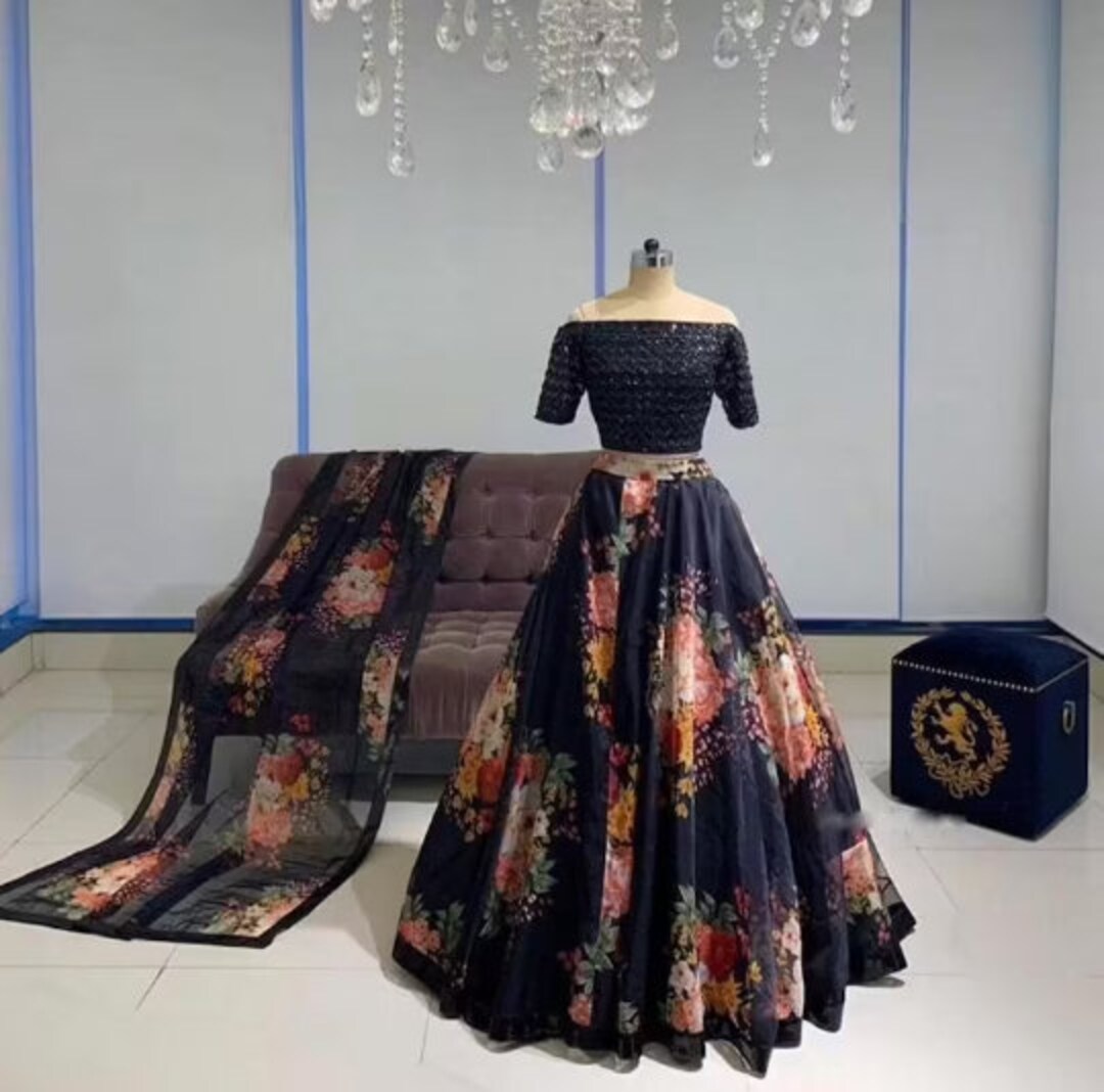 Black Lehenga Choli for Women Ready to Wear Custom Size Floral Print ...