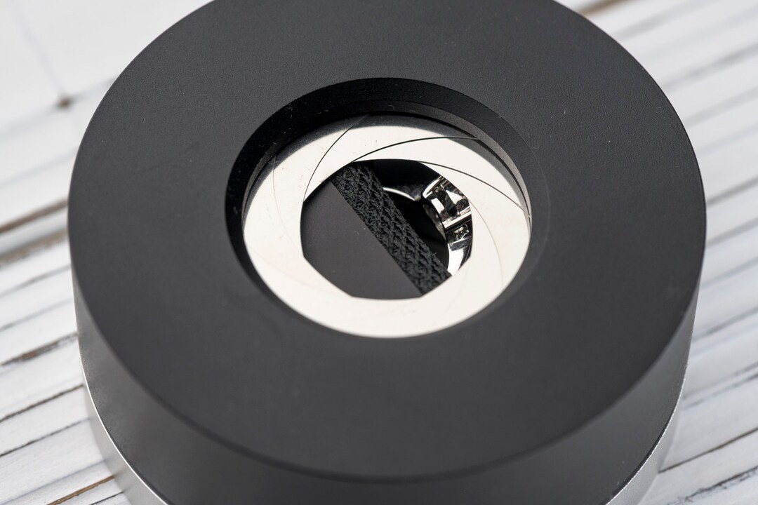 Unique Slim Engagement Ring Box: Black Aluminum, Steel Mechanical Iris ...