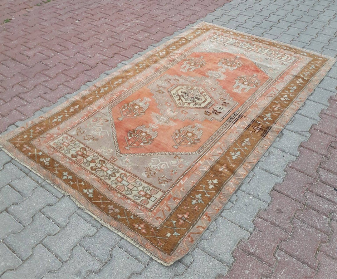 Medallion Vintage Turkish Rug, Low Pile Area Interior Rug, Oushak Decor ...