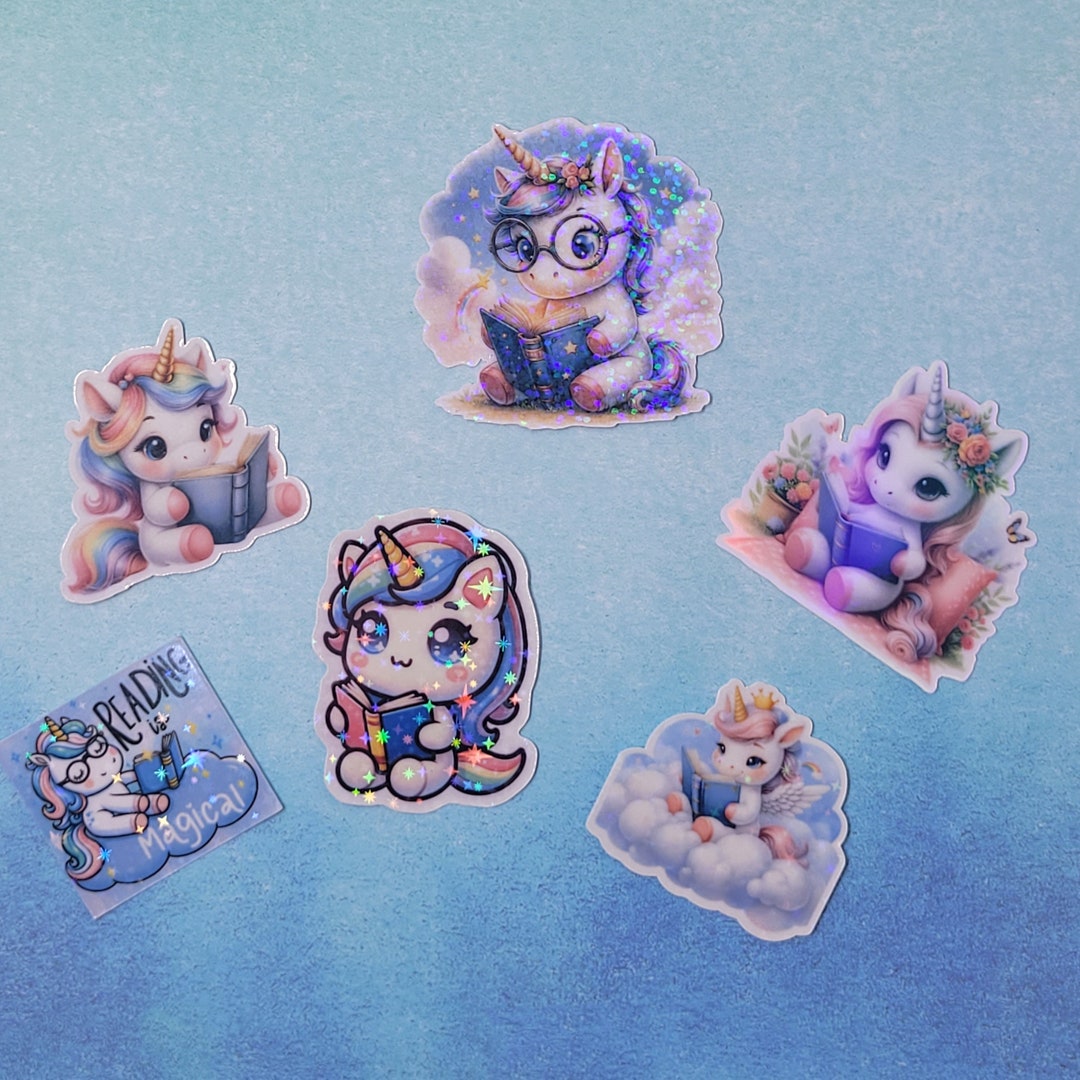Holographic Reading Unicorn Sticker Pack (6) - Etsy