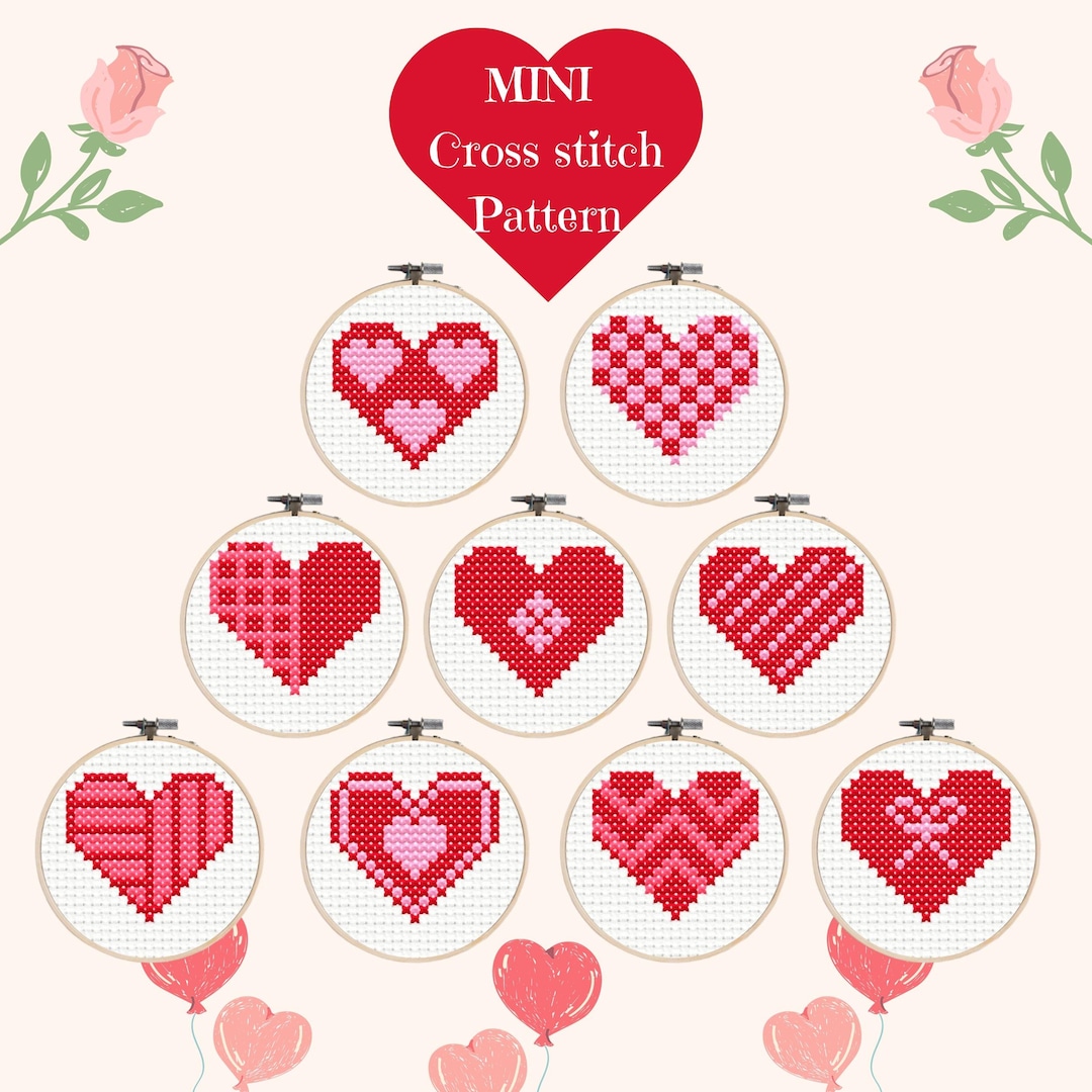 Pink Red Heart Cross Stitch Pattern Set of 9 Hearts Valentine's Day ...