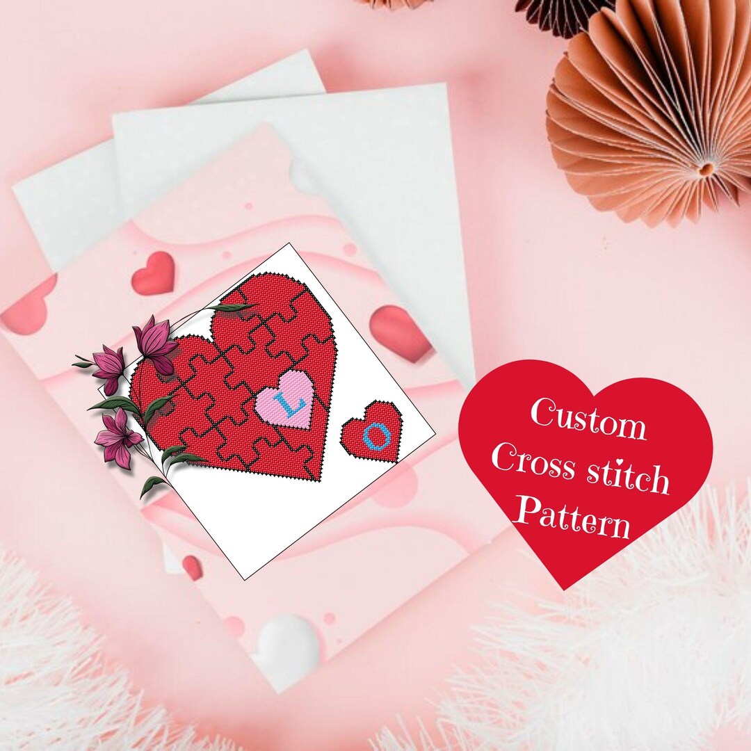 Red Heart Puzzle Cross Stitch Pattern Custom Valentine's Day Cross ...