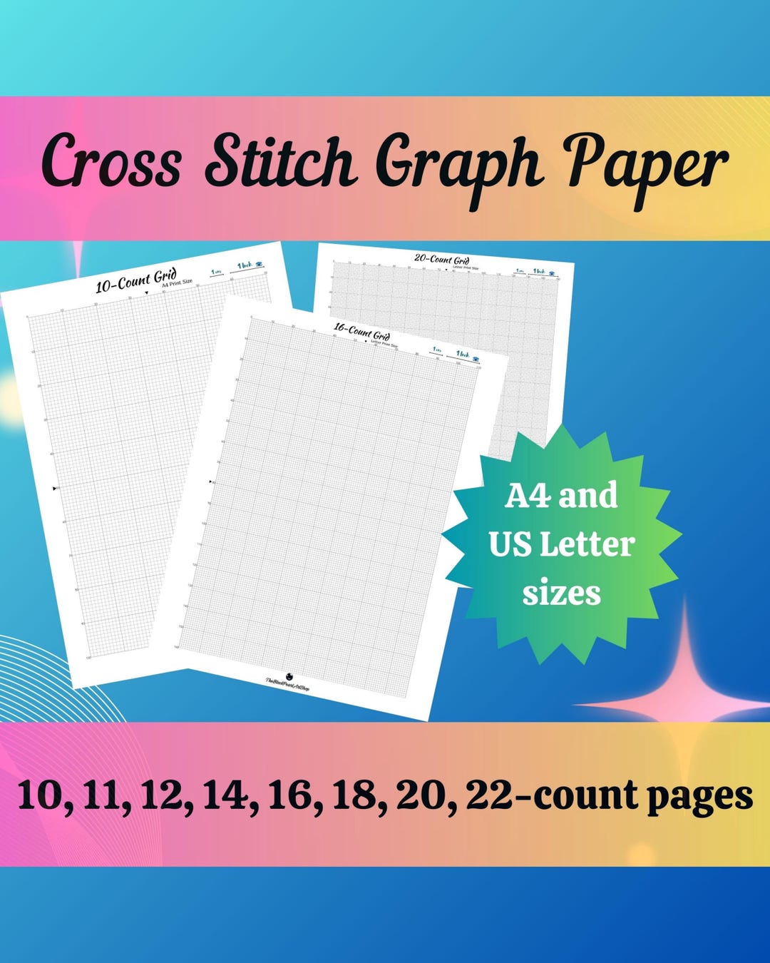 Printable Cross Stitch Graph Paper, Canvas Counts 10, 11, 12, 14, 16 ...