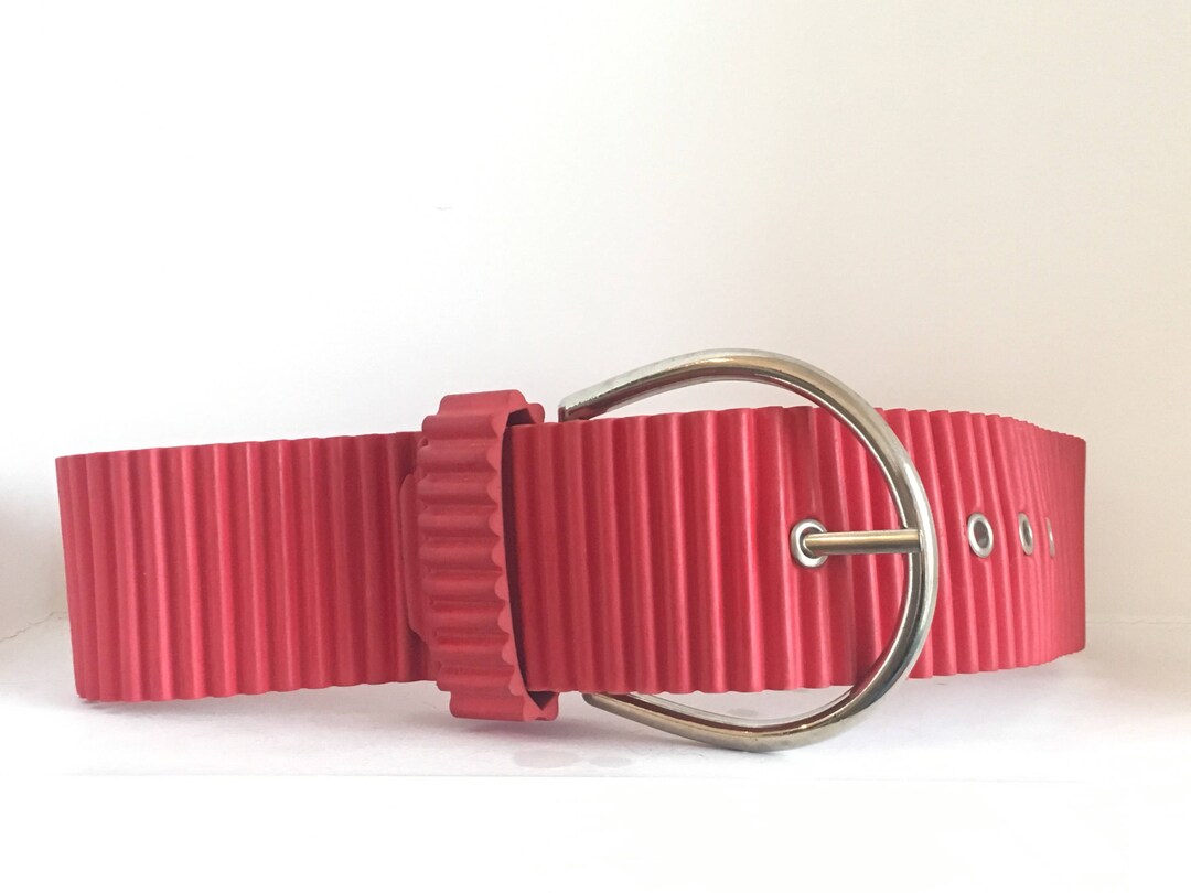 Vintage Belt Wide Textured Rubber Belt Red Huge Buckle Raver Club ...