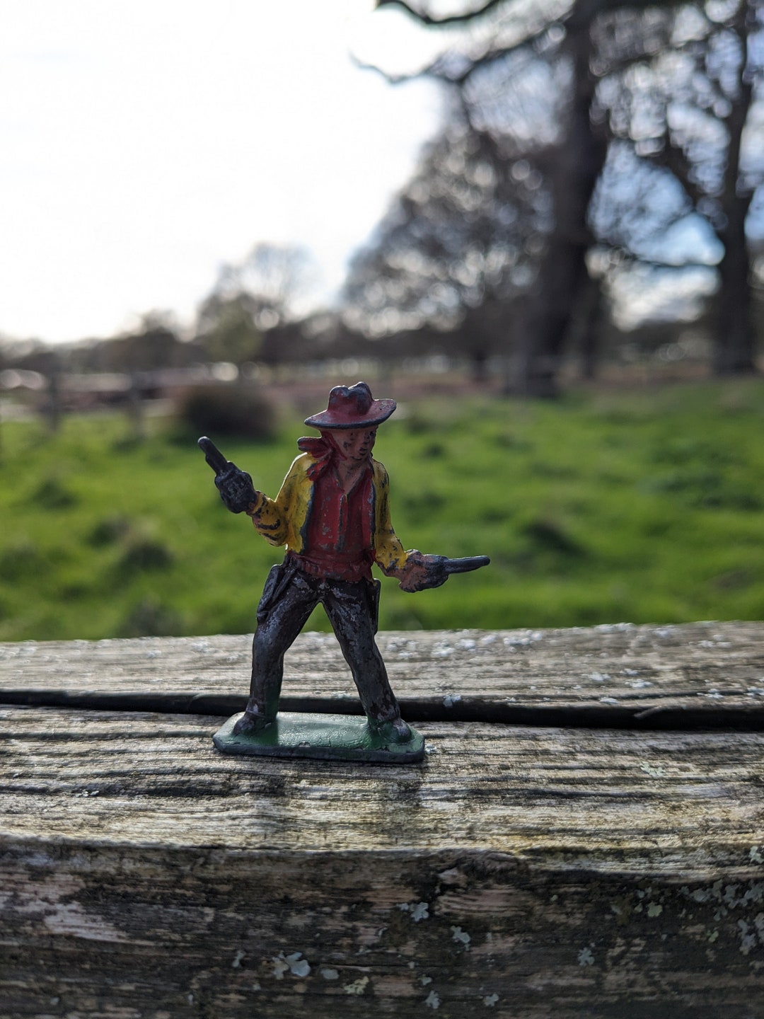 Rare Vintage Metal Cowboy on Stand Miniature Gunslinger Wild West Style ...