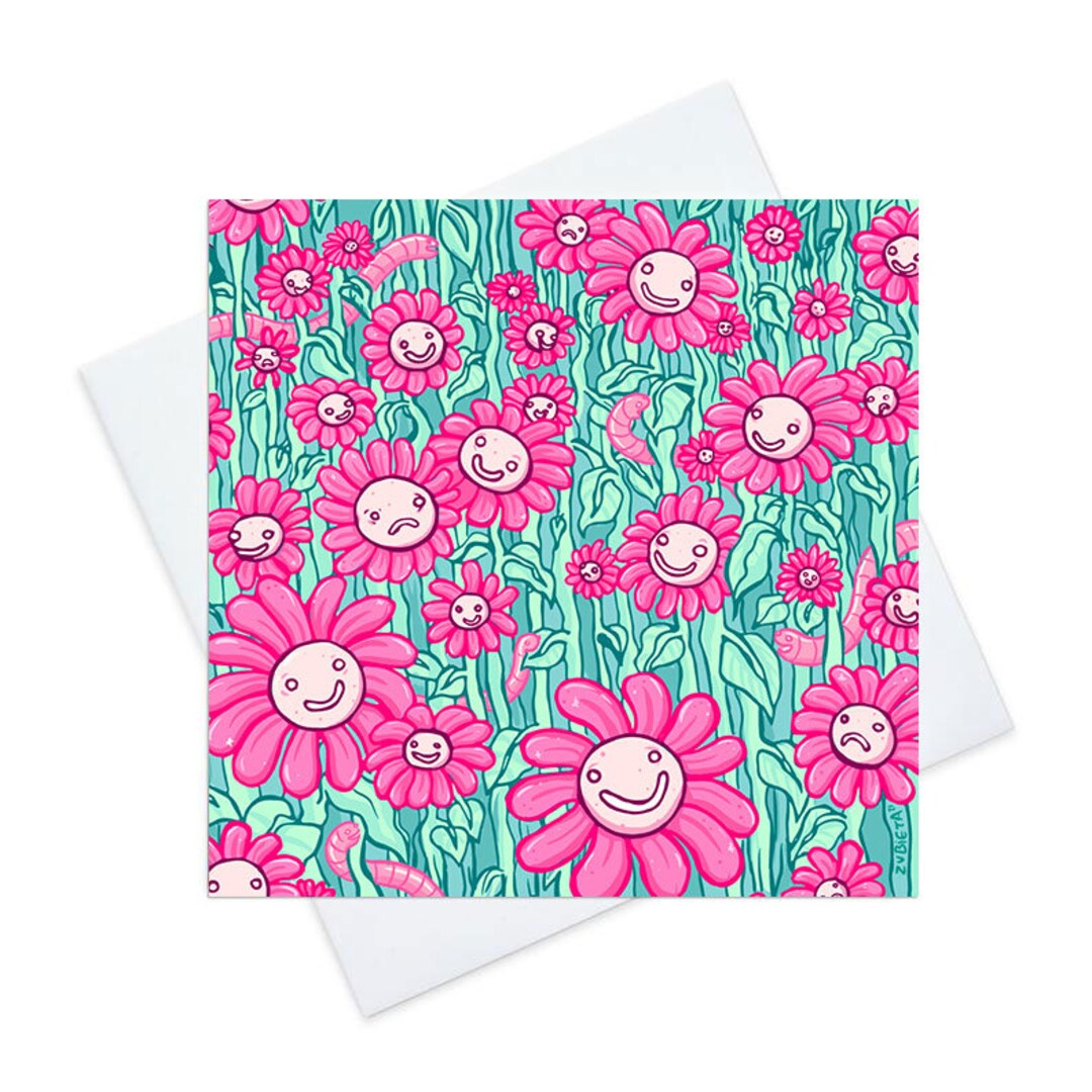 Quirky Flowers & Worms Greeting Card: Kawaii Garden Art - Etsy