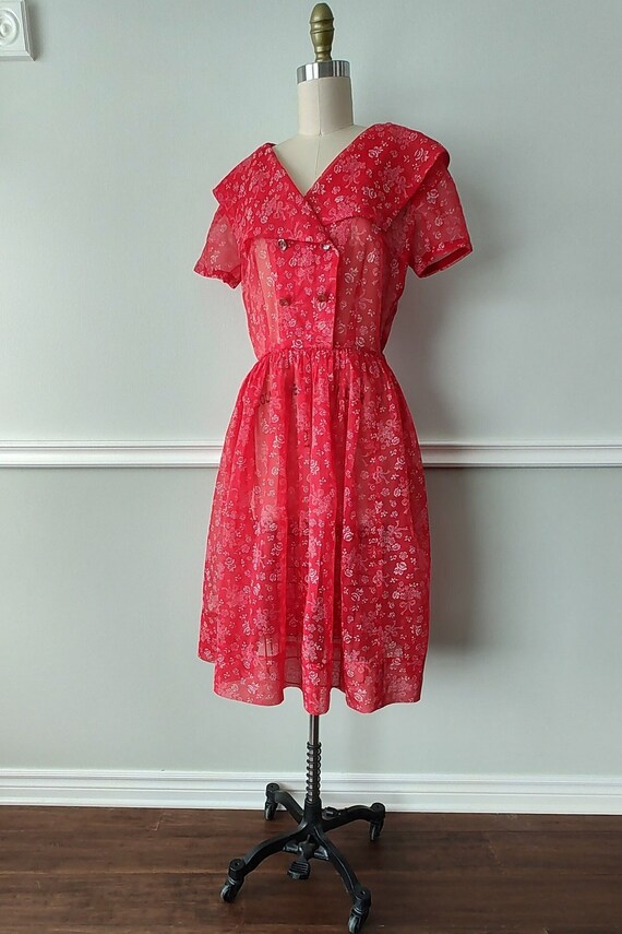 1950-60s Sheer Nylon Day to Party Dress in Festive Re… - Gem