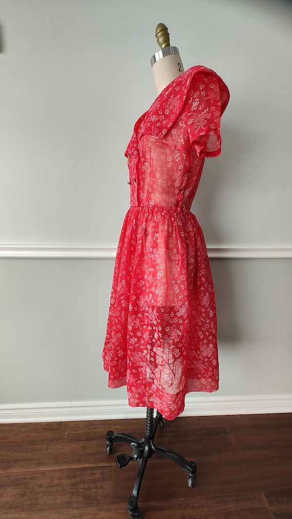 1950-60s Sheer Nylon Day to Party Dress in Festive Re… - Gem