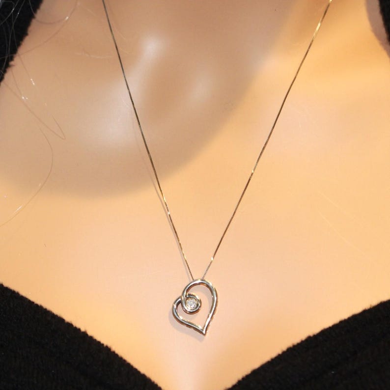 10k White Gold Floating Heart Diamond Pendant Necklace Adjustable 18-20 ...