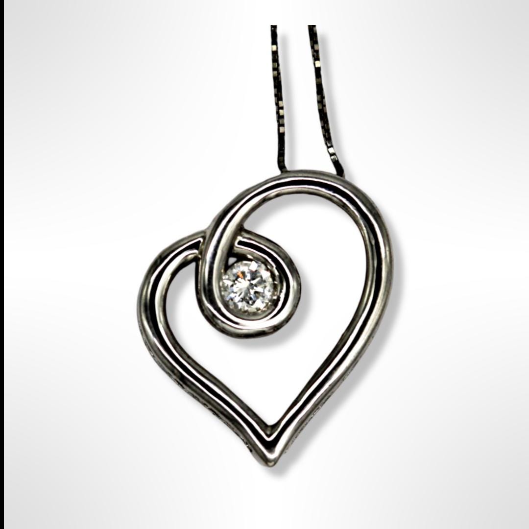 10k White Gold Floating Heart Pendant With Natural Diamond Necklace ...