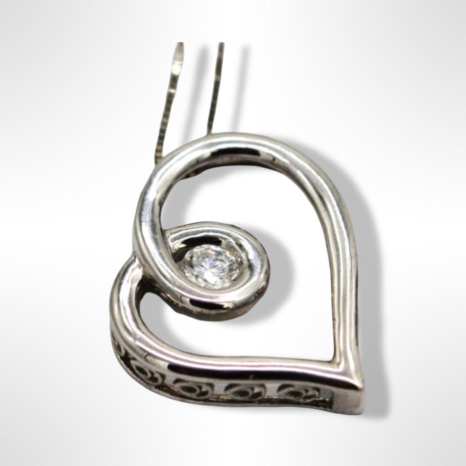 10k White Gold Floating Heart Diamond Pendant Necklace Adjustable 18-20 ...