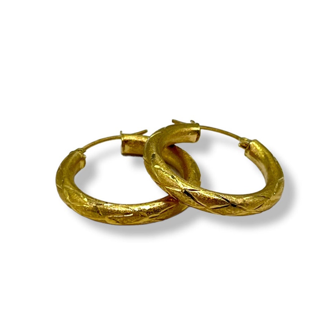 14k Gold Diamond-cut Texture 1 Inch Hoop Earrings - Etsy