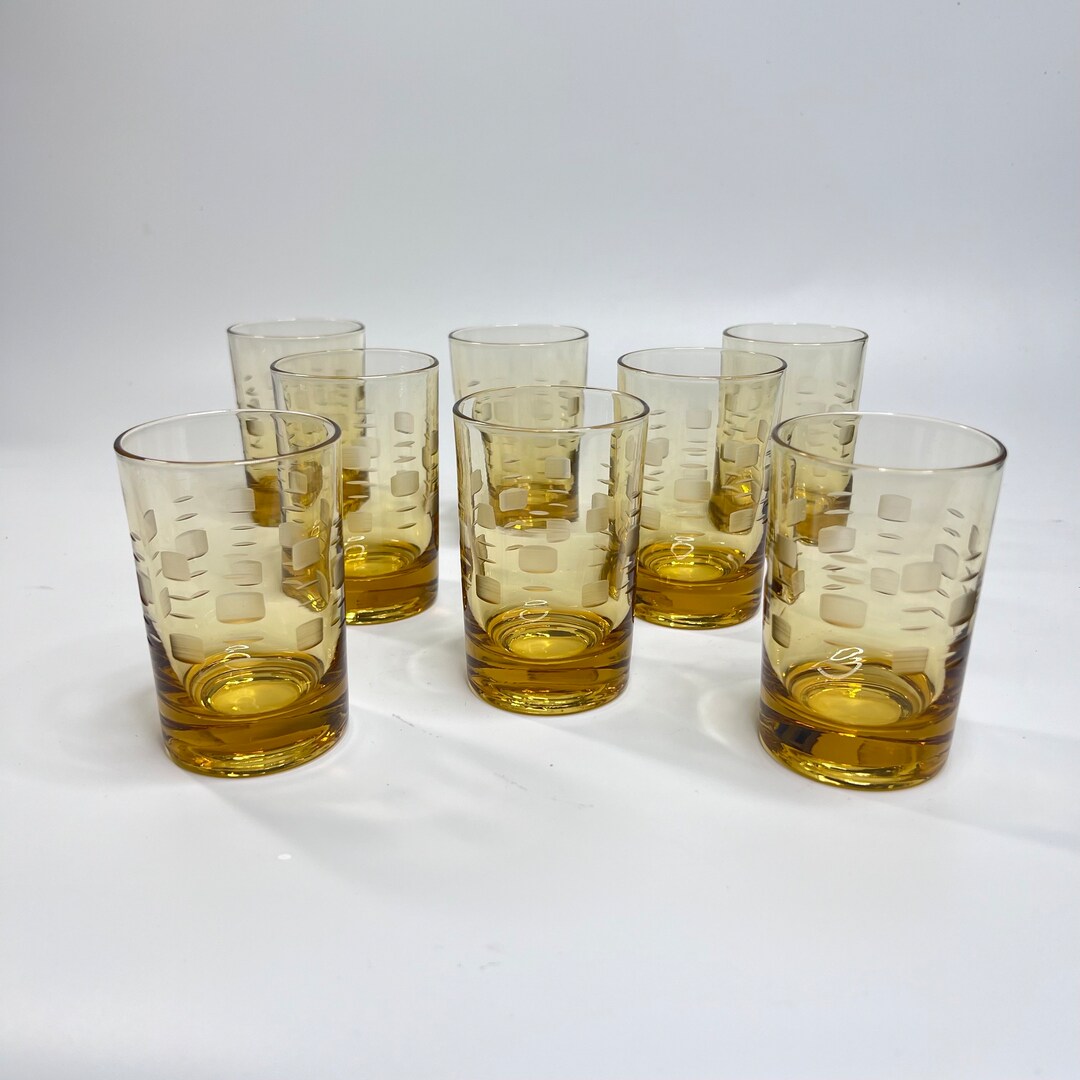 Set of 8 MCM Amber Etched Glass Short Sipping Glasses - Etsy