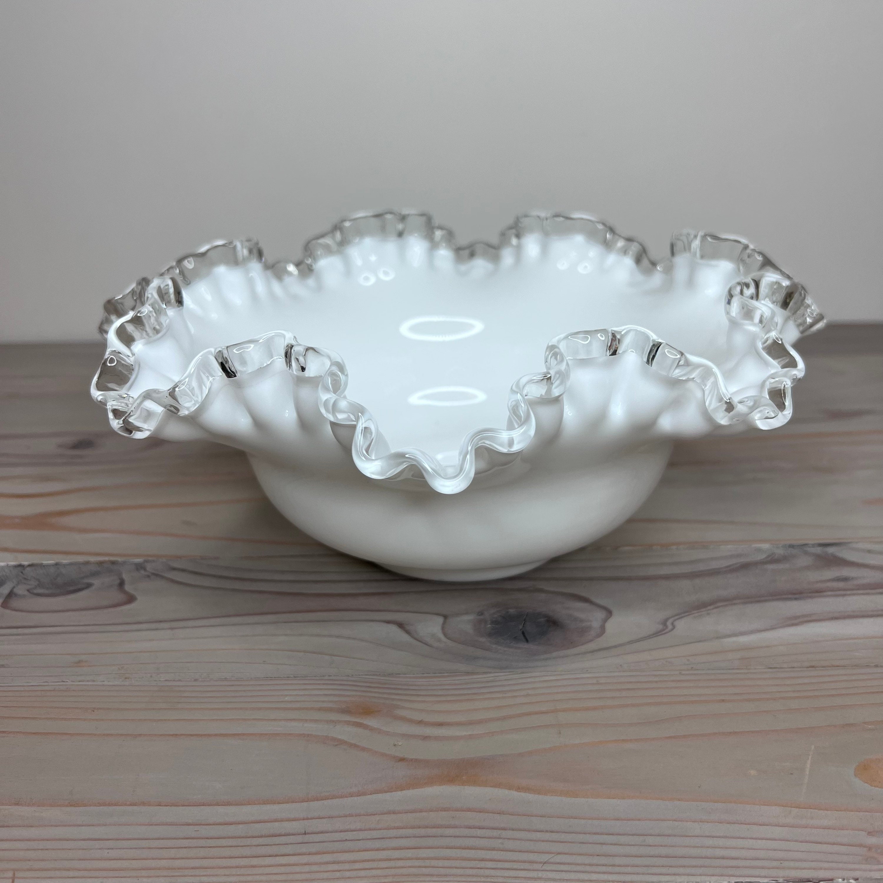 Vintage Fenton Silver Crest Style White Milk Glass Ruffled Crimped Rim ...