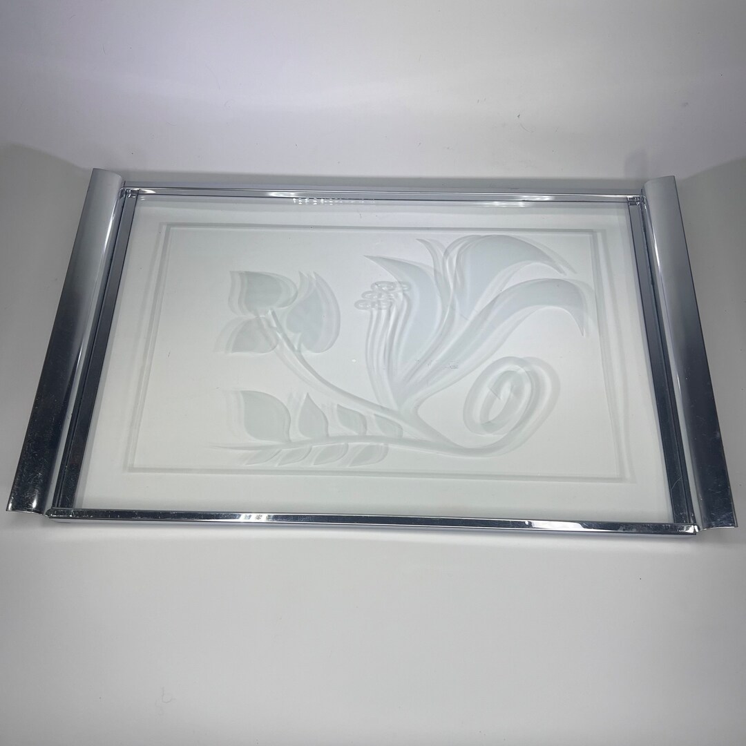 MCM Etched Glass Tray With Crome Rim - Etsy