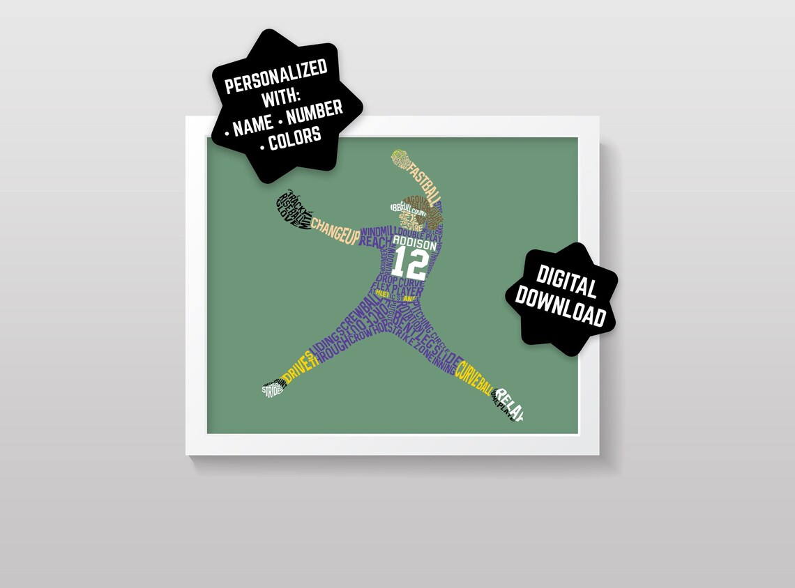 Softball Pitcher Word Art Printable: Custom Colors, Name & Number ...