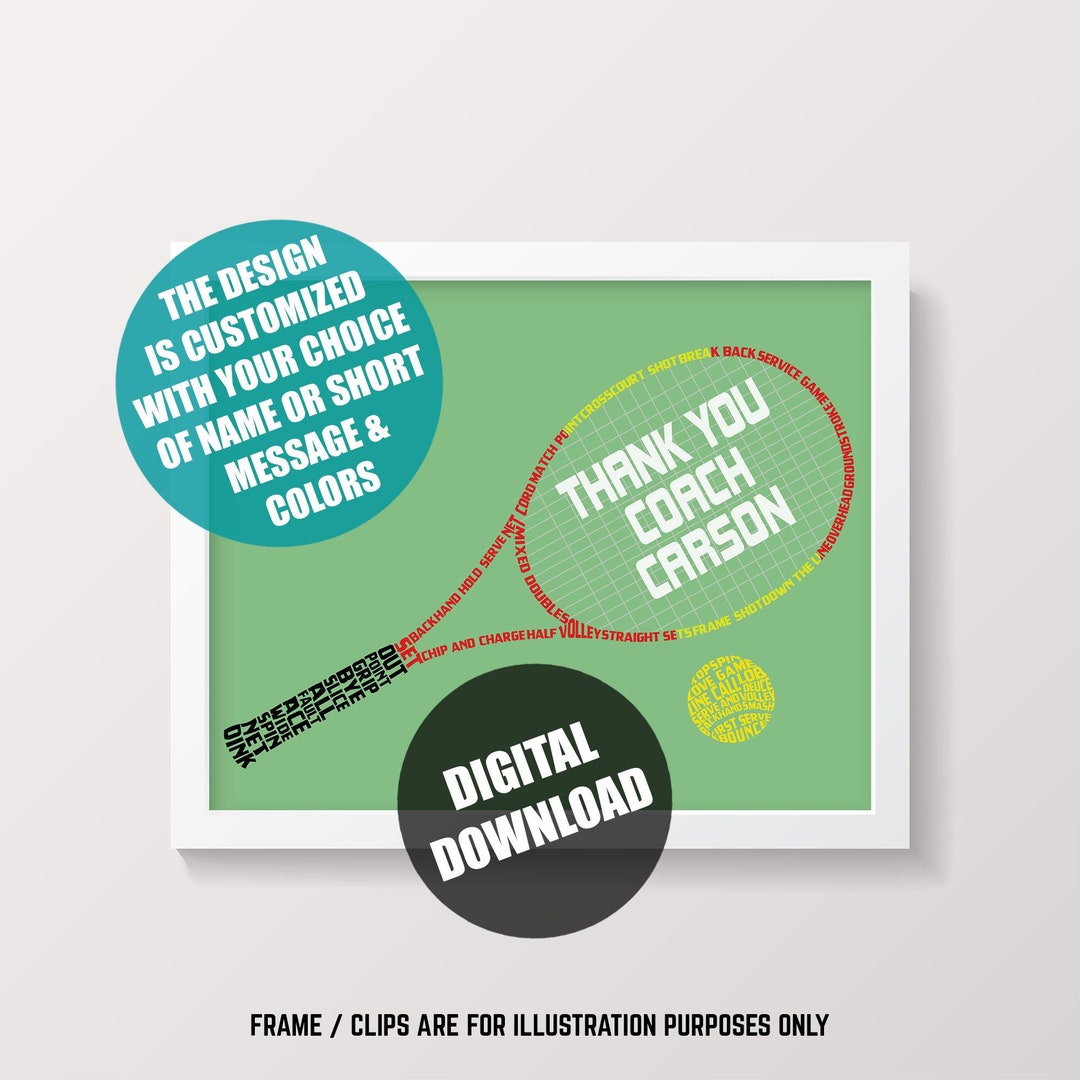 Personalized Tennis Racket Word Art Printable: Custom Colors, Name or ...