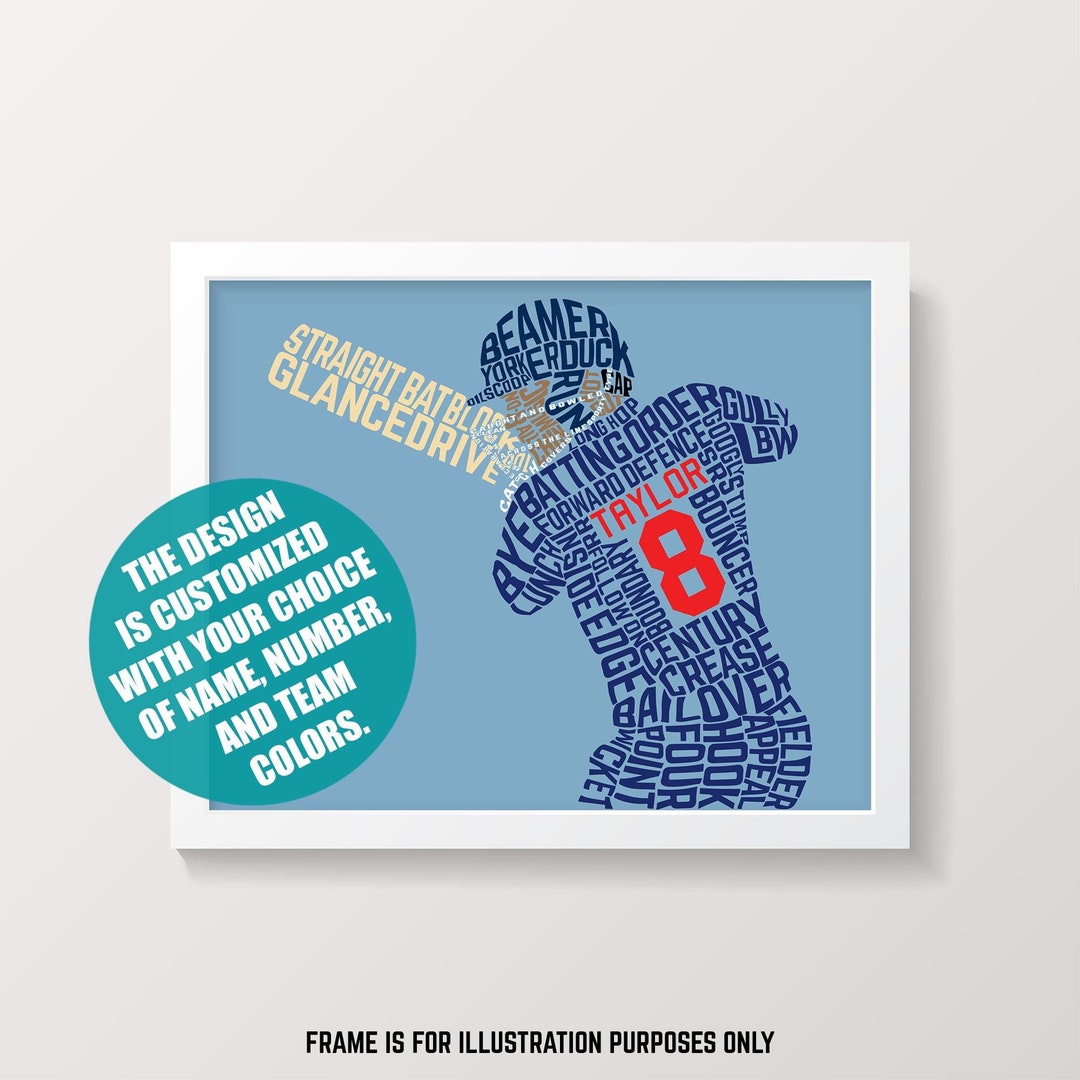 Cricket Word Art Print, Customise With Name & Number and in Any Colours ...