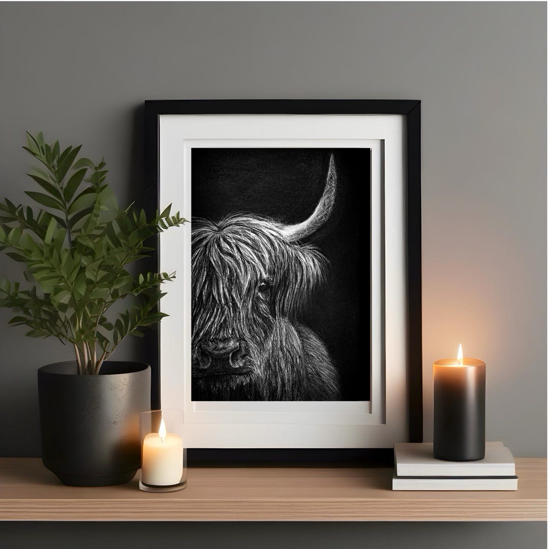 Charcoal Black and White Highland Cow hamish Hand Drawn Print of ...