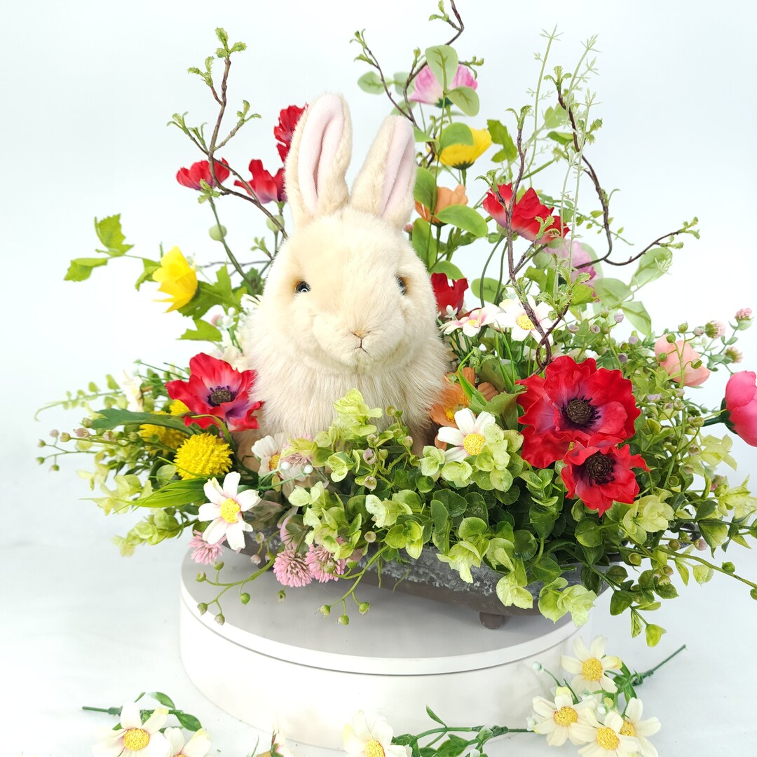 Easter Floral Centerpiece: Faux Bunny, Red Poppies, Pastel Ranunculus ...