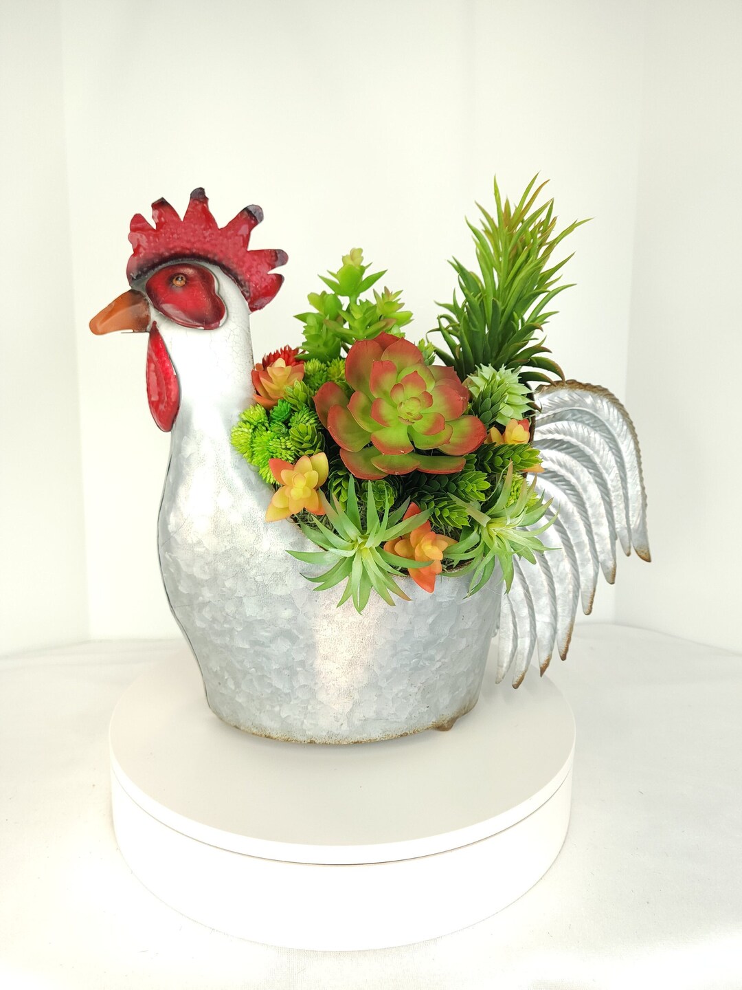 Galvanized Chicken Planter of Faux Succulents, Country Rooster Table ...