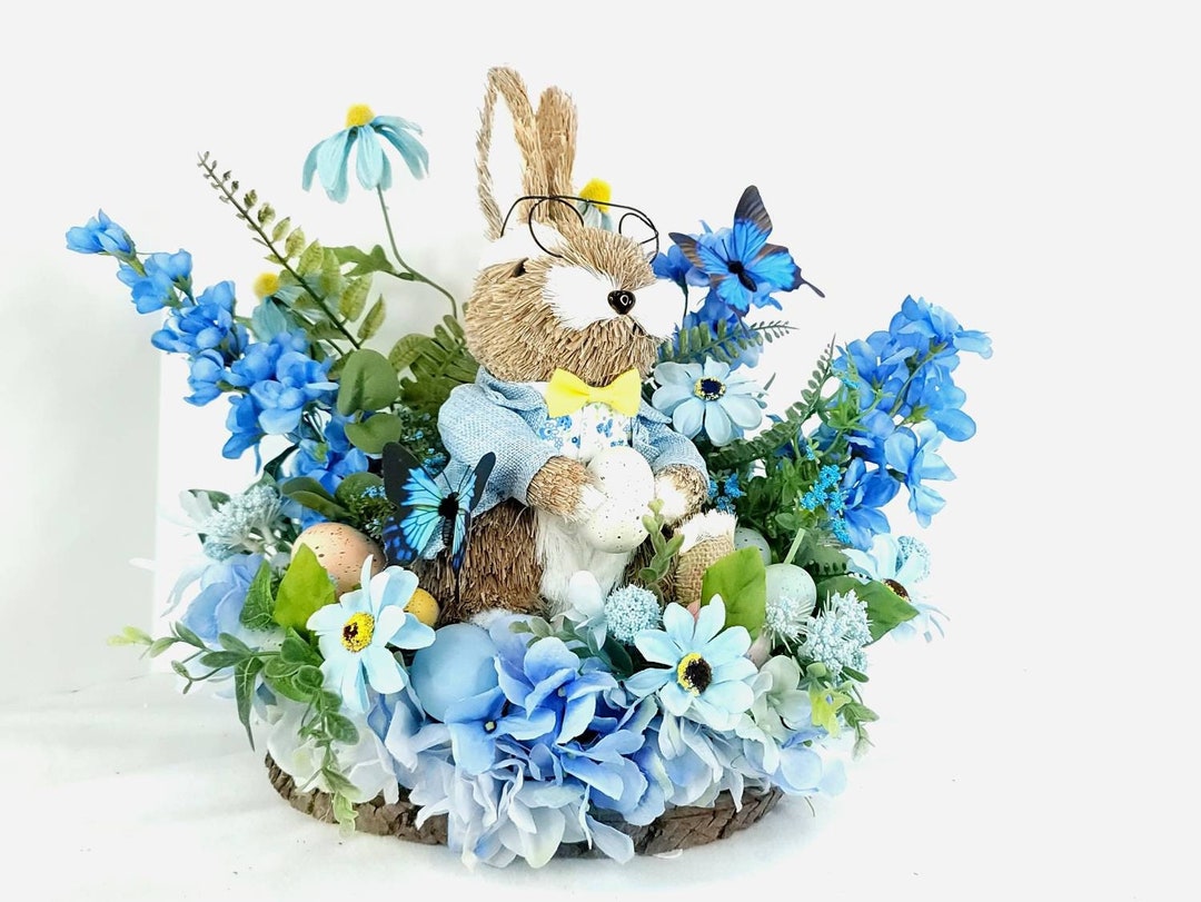 Spring Easter Bunny Flower Garden Arrangement, Whimsical Blue Floral ...