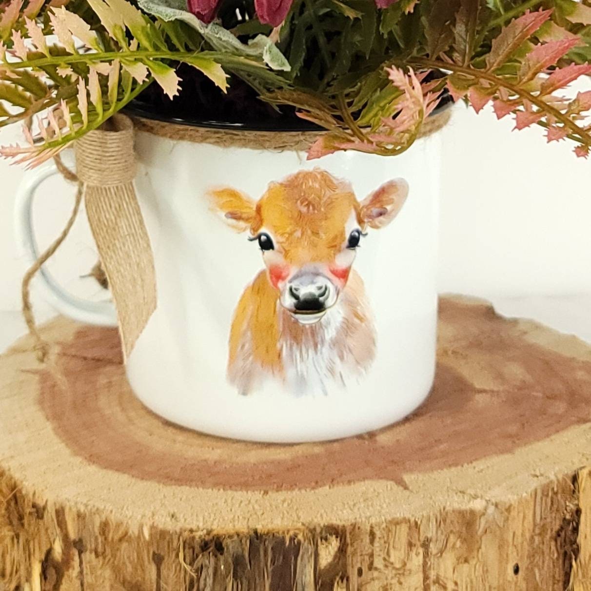 Farmhouse Everyday Burgundy Sunflower Arrangement in Calf-themed Mug ...