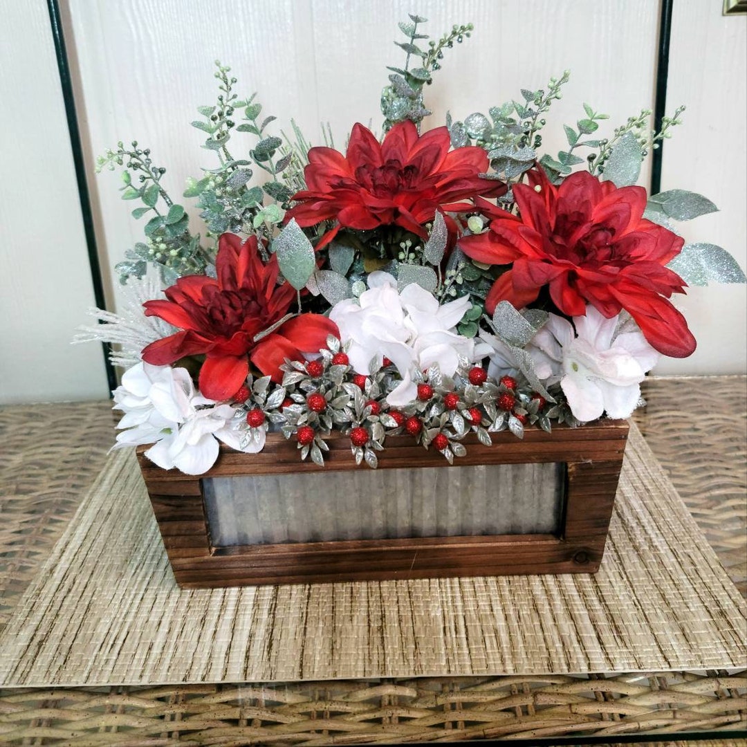 Winter Farmhouse Wooden Planter Box Arrangement, Rustic Country Holiday ...