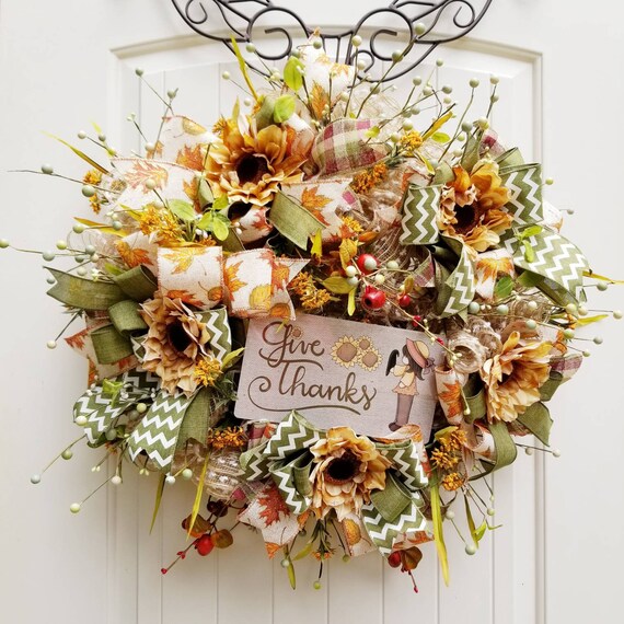 Give Thanks Fall Sunflower Front Door Wreath Thanksgiving | Etsy