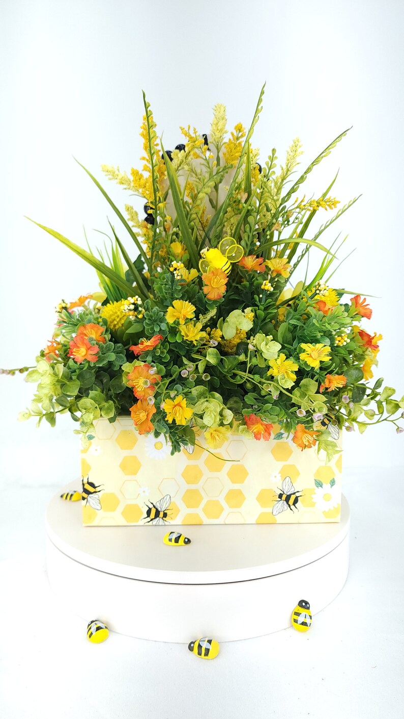 Spring and Summer Bee Honeycomb Box Floral Arrangement, Orange and ...