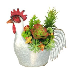 Galvanized Chicken Planter of Faux Succulents, Country Rooster Table ...