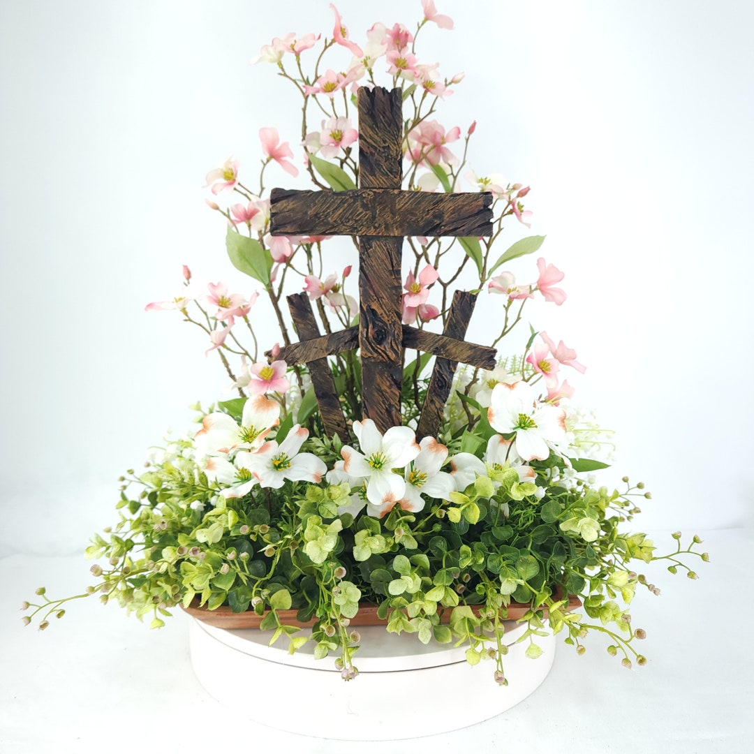Three Cross Floral Table Arrangement, Religious Pink and White Dogwood and Lily of the Valley ...