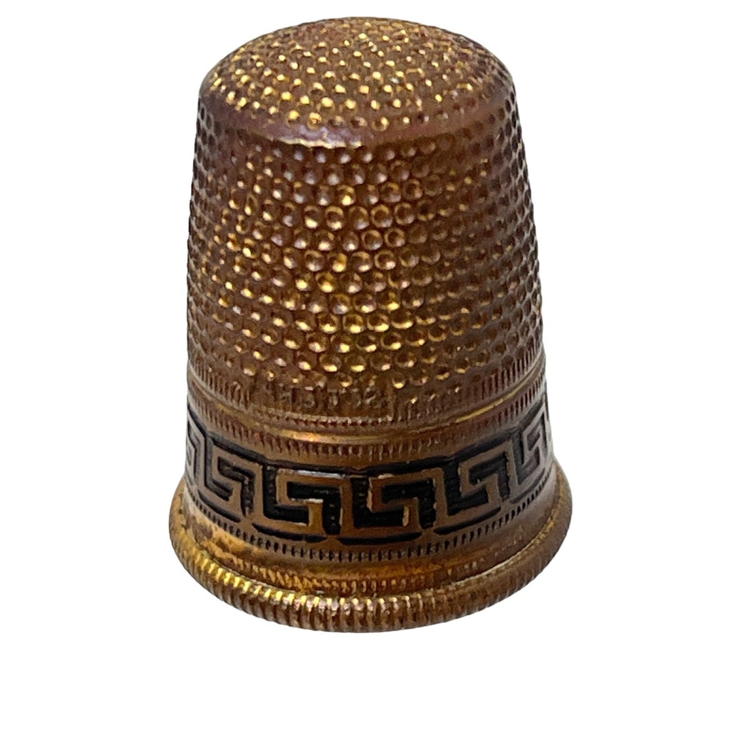 Vintage Brass Thimble Greek Key Design Against Black Enamel Austria ...