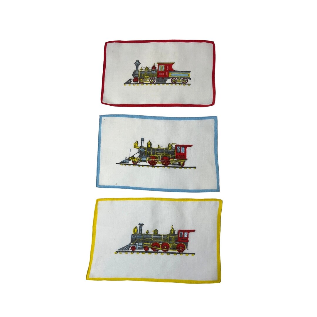 Vintage Train Handkerchief Set of 3 Colorful Rectangular Locomotive ...