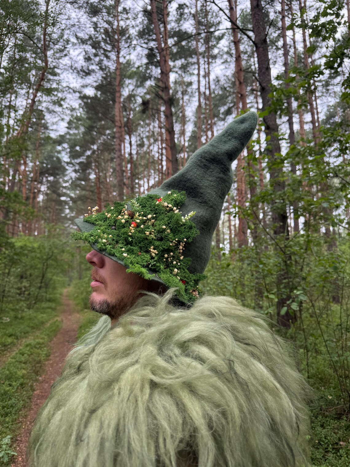 Green Forest Witch Hat – Druid Costume With Moss – Handmade Fantasy ...