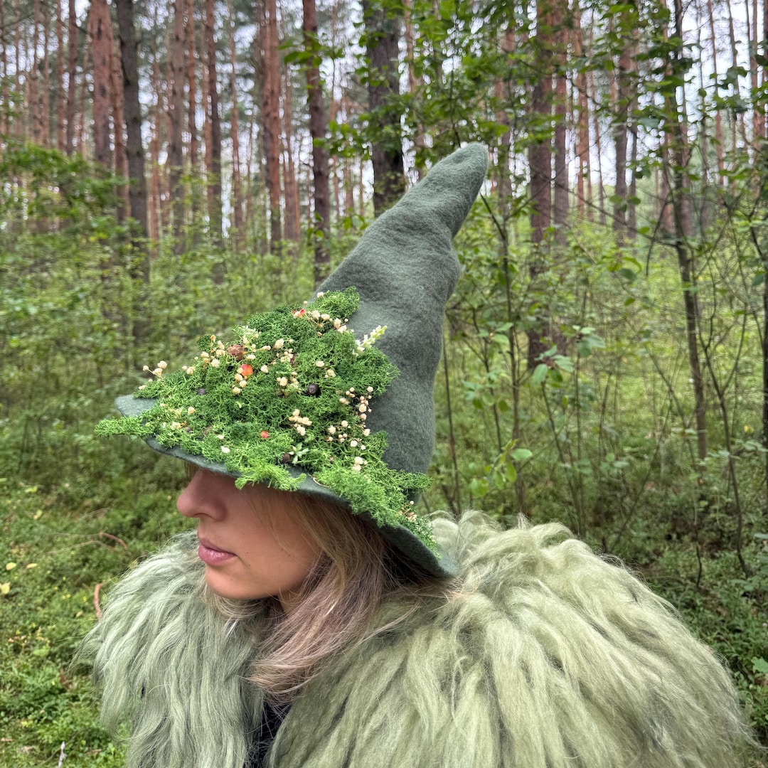 Green Forest Witch Hat – Druid Costume With Moss – Handmade Fantasy ...